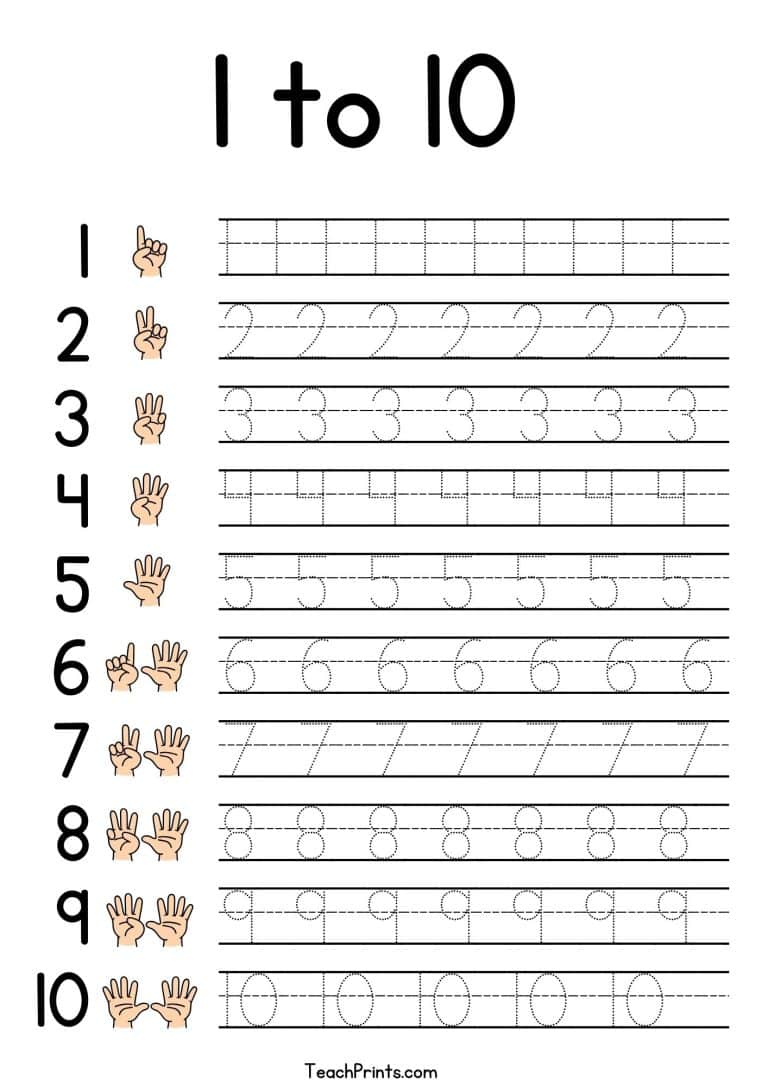 Tracing Numbers 1-10 Worksheets (Free Printable Pdfs) - Teach Prints