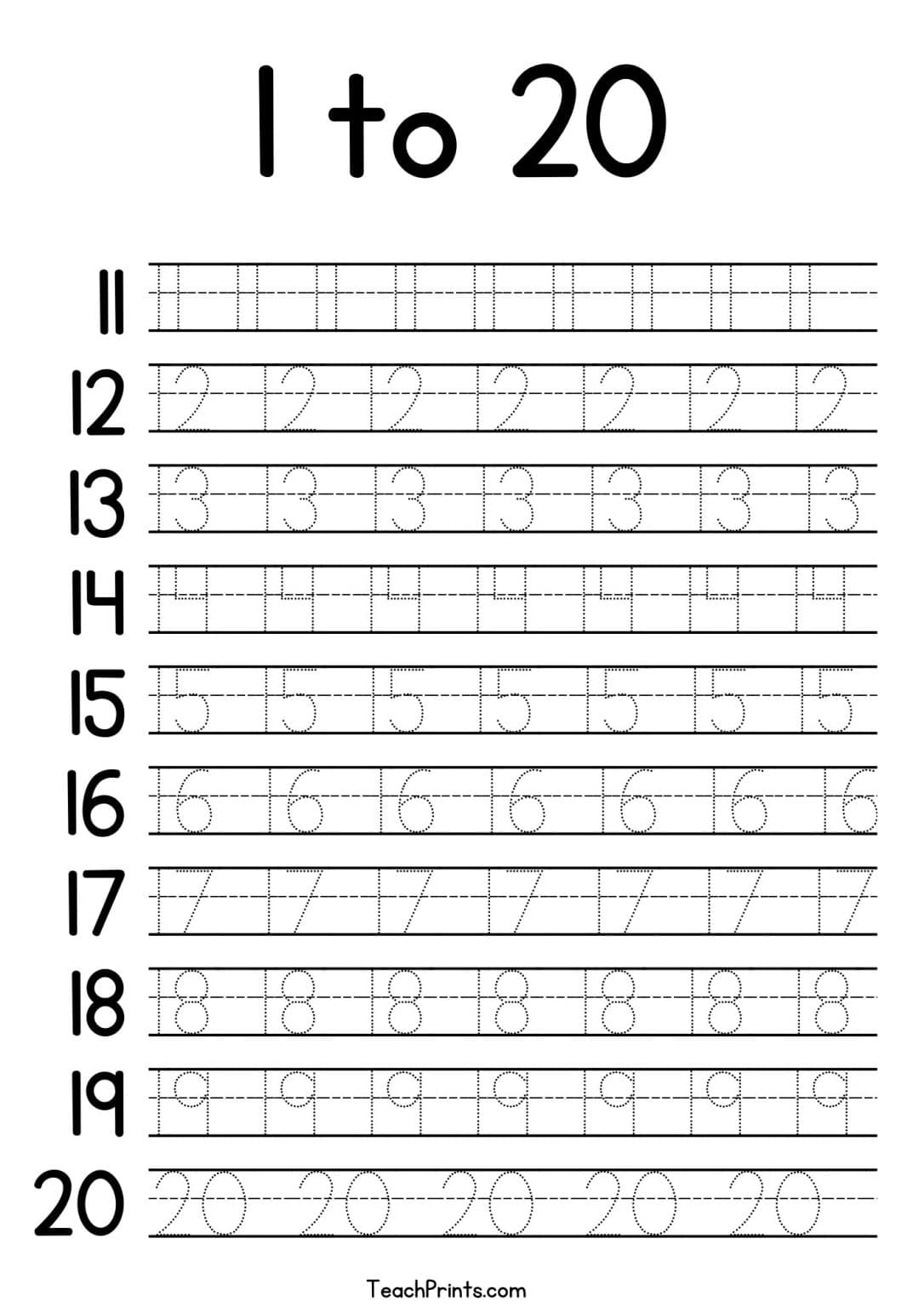 Tracing Numbers 1-20 Worksheets (Free Printable Pdfs) - Teach Prints
