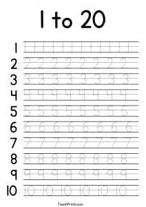 Tracing Numbers 1-20 Worksheets (Free Printable Pdfs) - Teach Prints