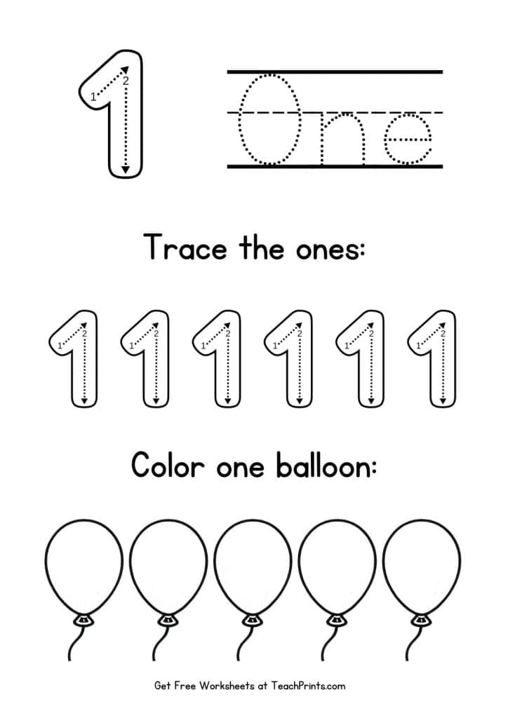 Number 1 Tracing Worksheets - Free Printables - Teach Prints