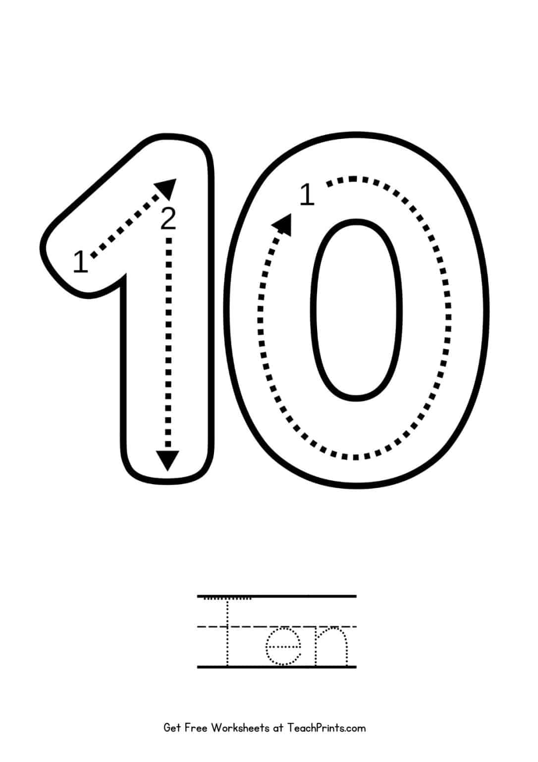 Number 10 Tracing Worksheets - Free Printables - Teach Prints