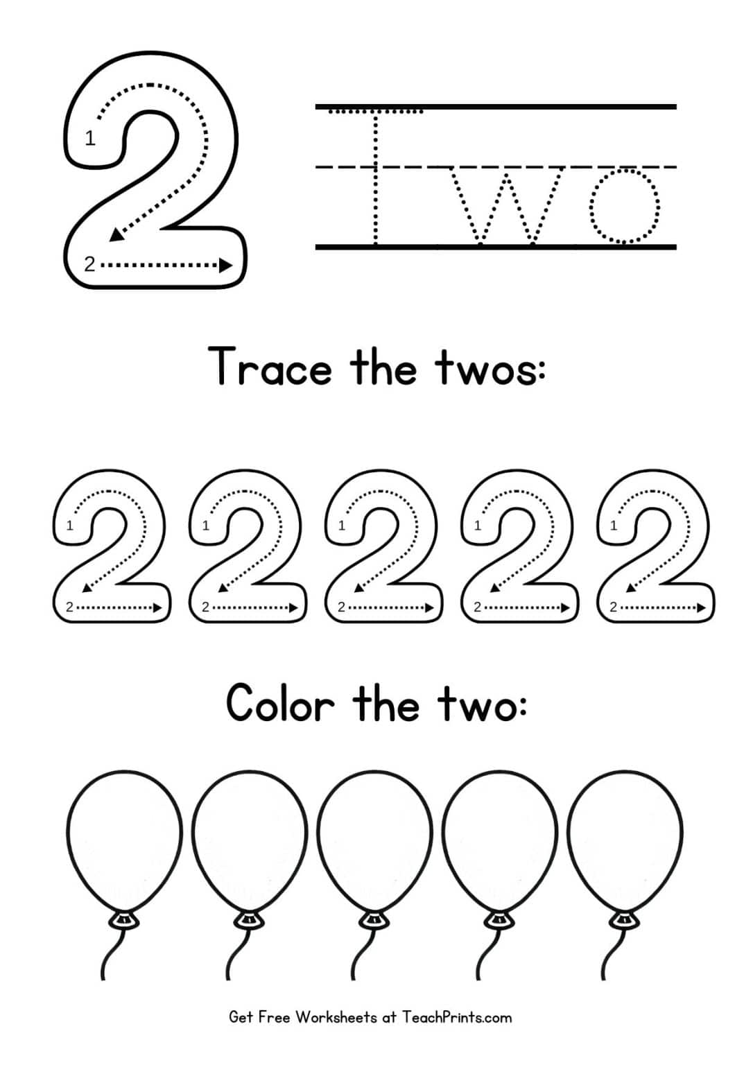 Number 2 Tracing Worksheets - Free Printables - Teach Prints