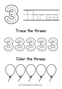 Number 3 Tracing Worksheets - Free Printables - Teach Prints