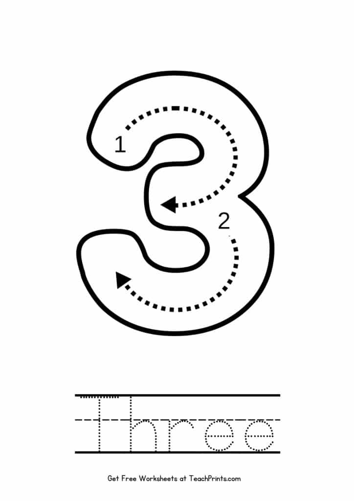 Number 3 Tracing Worksheets - Free Printables - Teach Prints