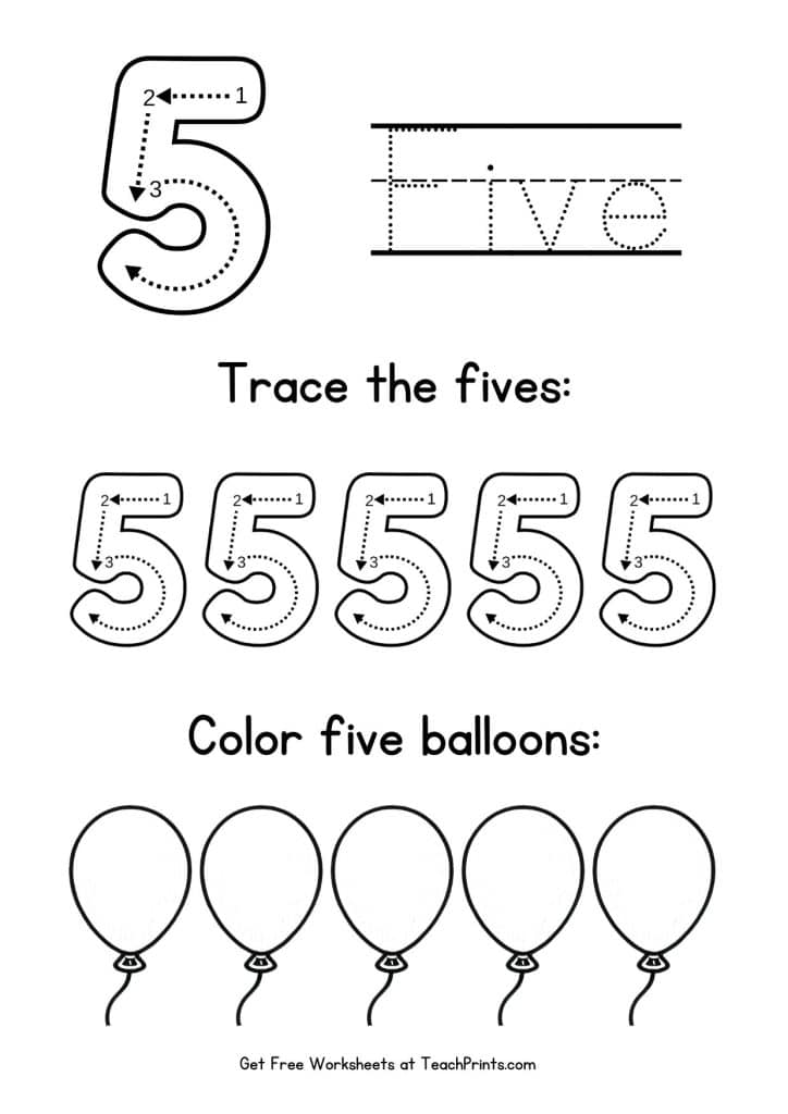 Number 5 Tracing Worksheets - Free Printables - Teach Prints