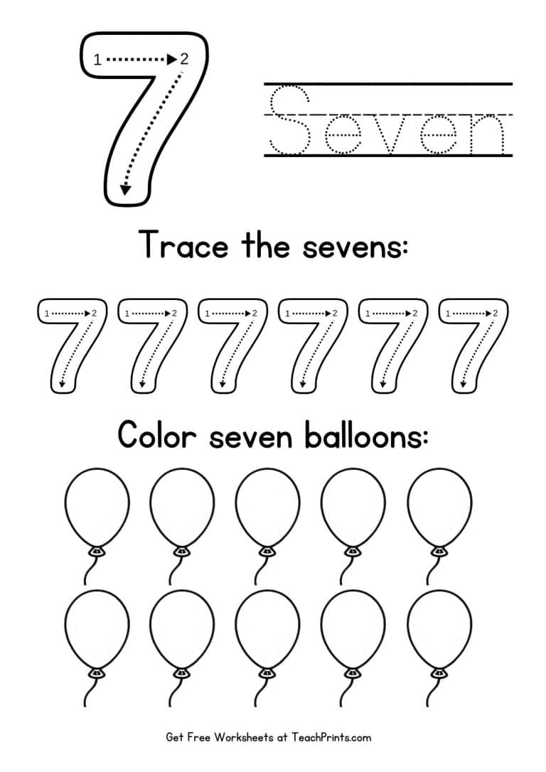 Number 7 Tracing Worksheets - Free Printables - Teach Prints