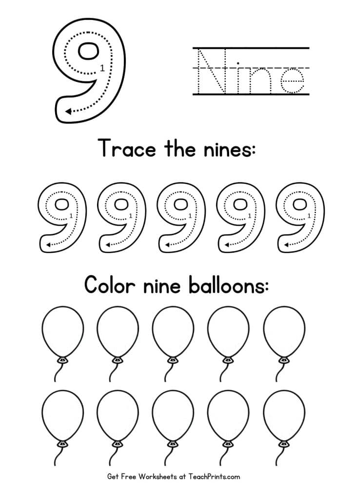 Number 9 Tracing Worksheets - Free Printables - Teach Prints