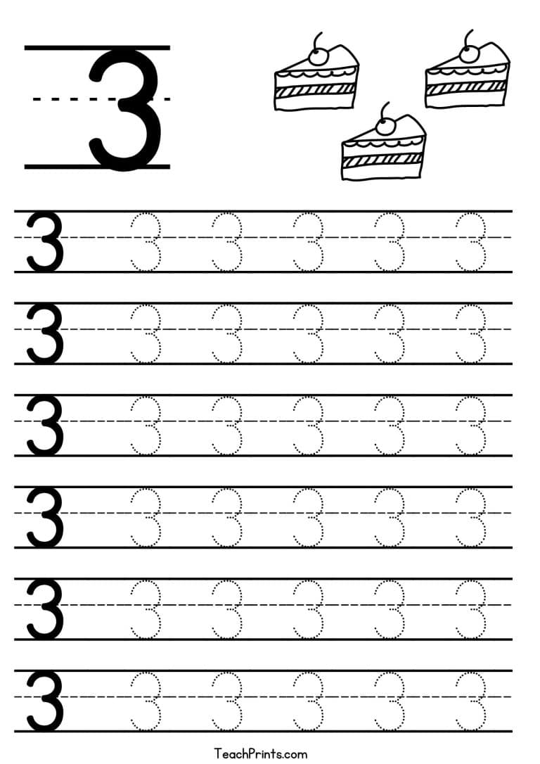 Number 3 Tracing Worksheets - Free Printables - Teach Prints