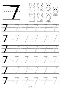 Number 7 Tracing Worksheets - Free Printables - Teach Prints