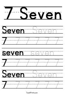 Number 7 Tracing Worksheets - Free Printables - Teach Prints