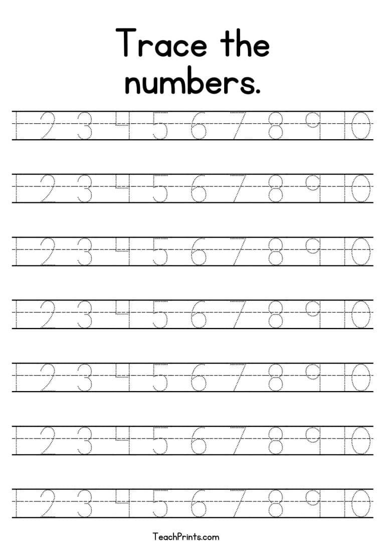 Tracing Numbers 1-10 Worksheets (Free Printable Pdfs) - Teach Prints