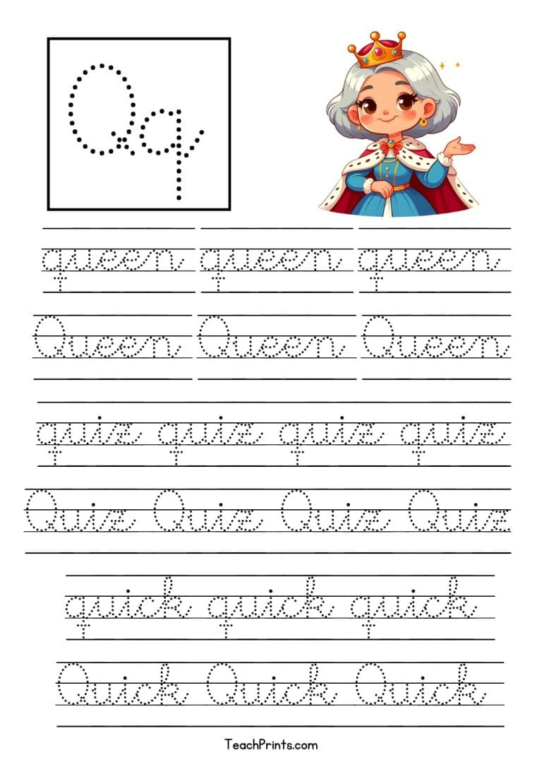 8 Cursive Q Tracing Worksheets - Free Printables - Teach Prints
