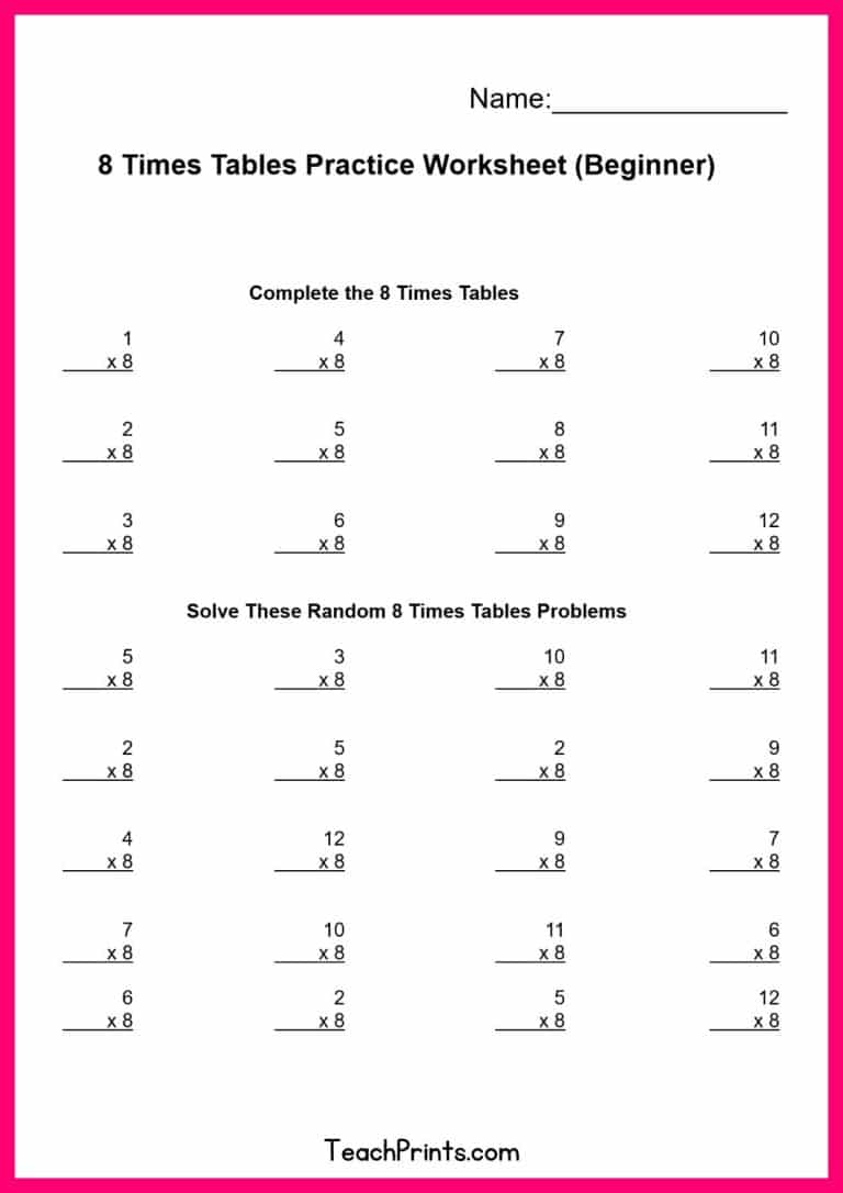 Free Eight Times Tables Worksheets (8 Versions) - Teach Prints