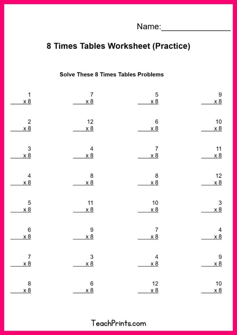 Free Eight Times Tables Worksheets (8 Versions) - Teach Prints