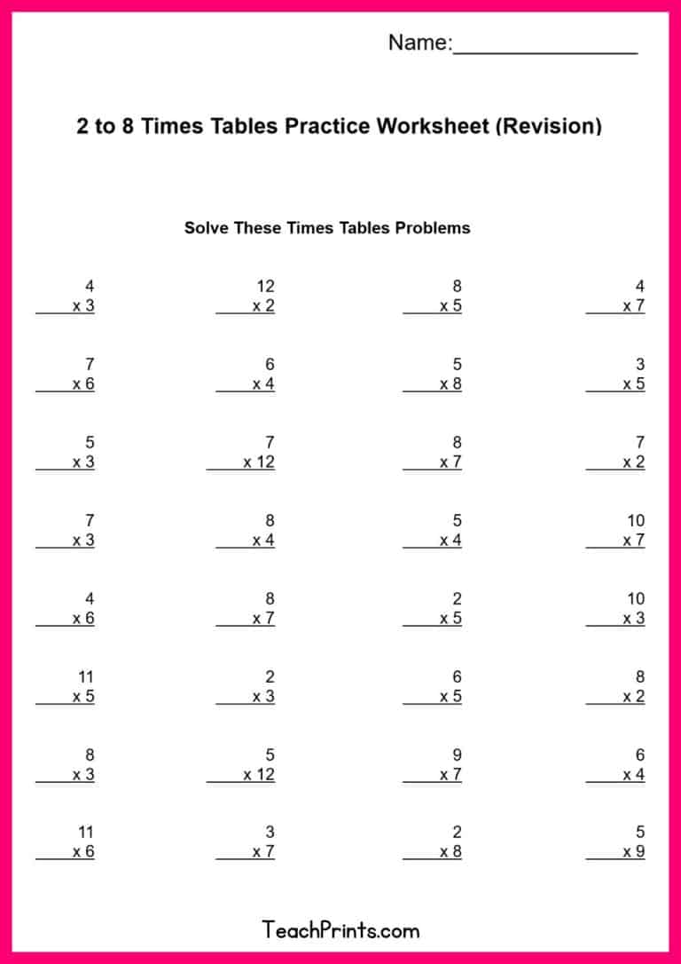 Free Eight Times Tables Worksheets (8 Versions) - Teach Prints