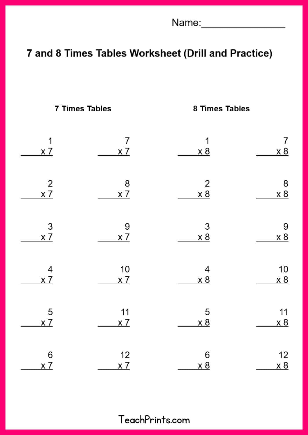 Free Eight Times Tables Worksheets (8 Versions) - Teach Prints