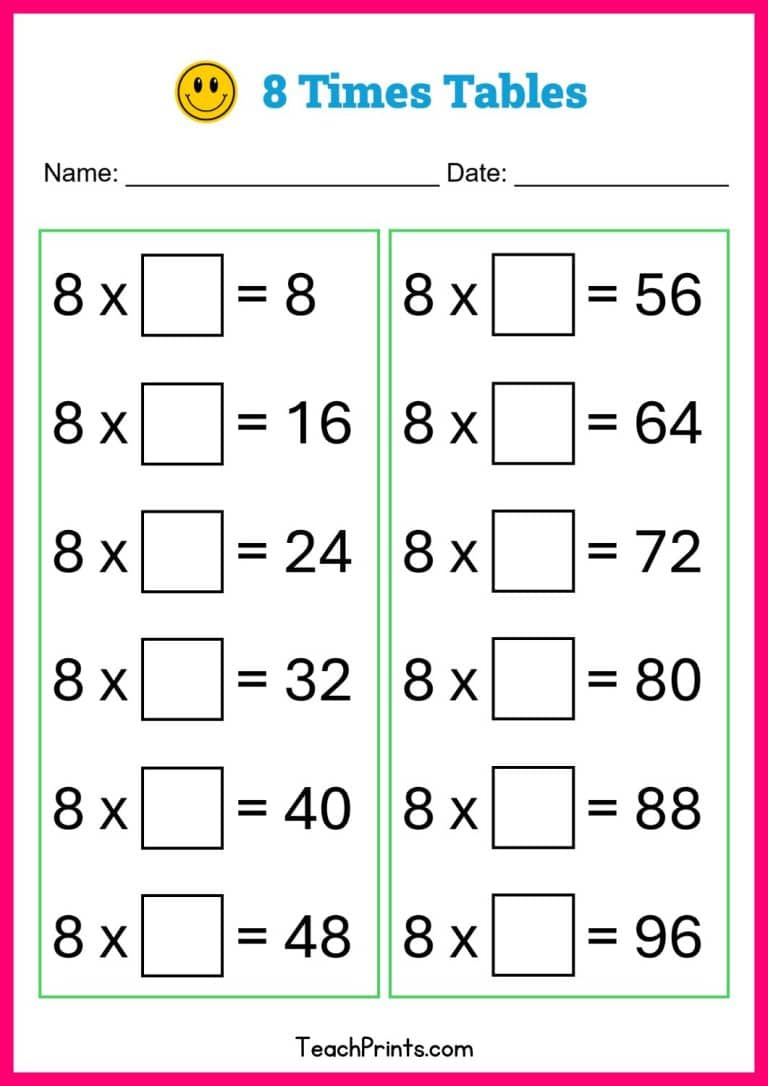 Free Eight Times Tables Worksheets (8 Versions) - Teach Prints