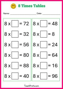 Free Eight Times Tables Worksheets (8 Versions) - Teach Prints
