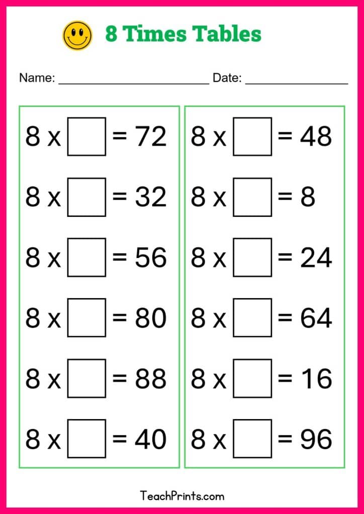 Free Eight Times Tables Worksheets 8 Versions Teach Prints Free Eight Times Tables Worksheets 8 Versions Teach Prints