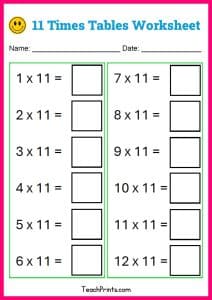 Free 11 Times Tables Worksheets (8 Versions) - Teach Prints