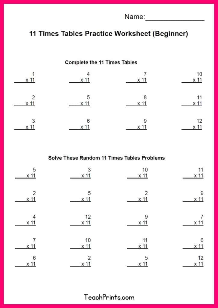 Free 11 Times Tables Worksheets (8 Versions) - Teach Prints