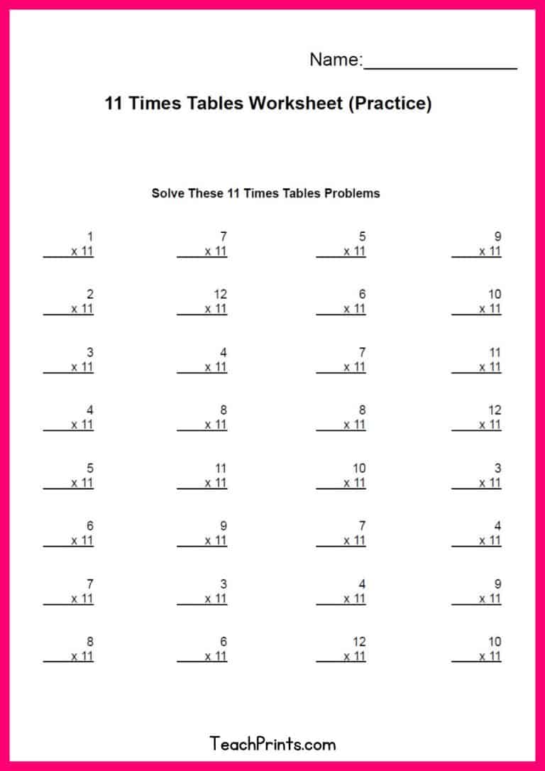 Free 11 Times Tables Worksheets (8 Versions) - Teach Prints