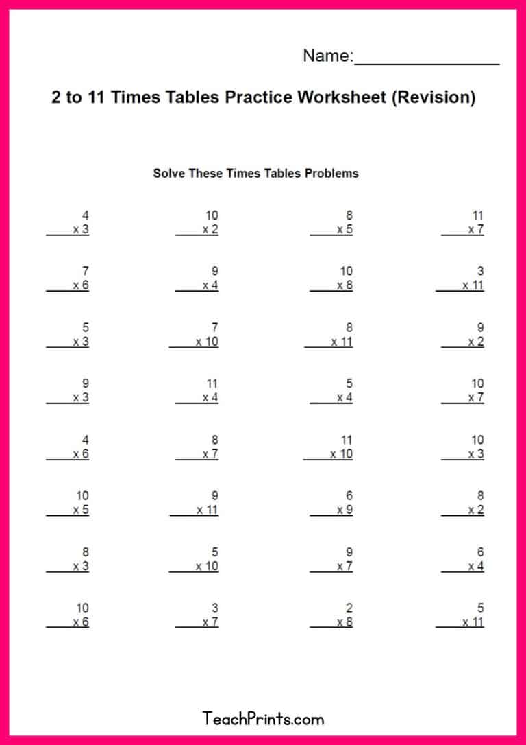Free 11 Times Tables Worksheets (8 Versions) - Teach Prints