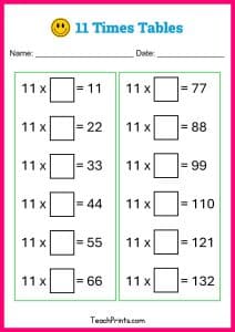 Free 11 Times Tables Worksheets (8 Versions) - Teach Prints