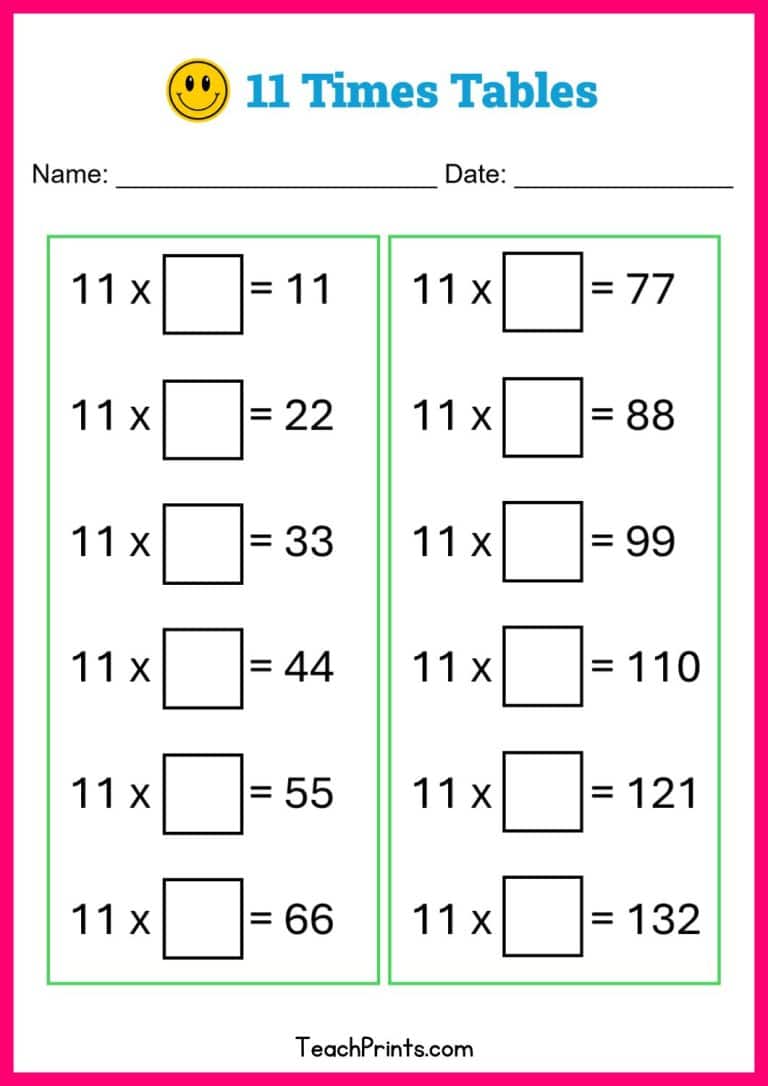 Free 11 Times Tables Worksheets (8 Versions) - Teach Prints