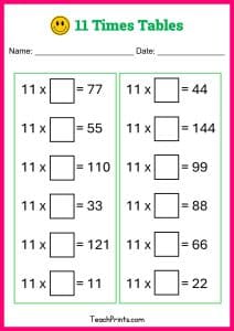 Free 11 Times Tables Worksheets (8 Versions) - Teach Prints