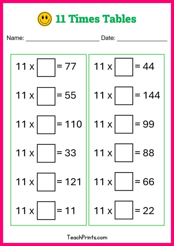 Free 11 Times Tables Worksheets (8 Versions) - Teach Prints