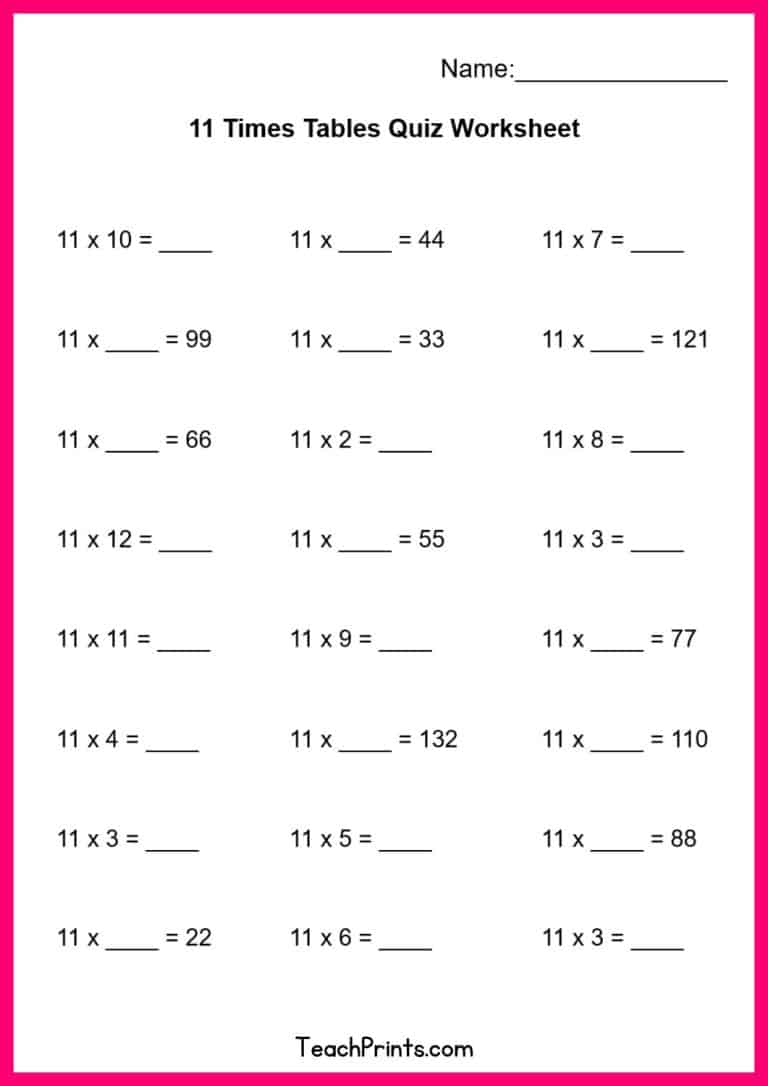 Free 11 Times Tables Worksheets (8 Versions) - Teach Prints