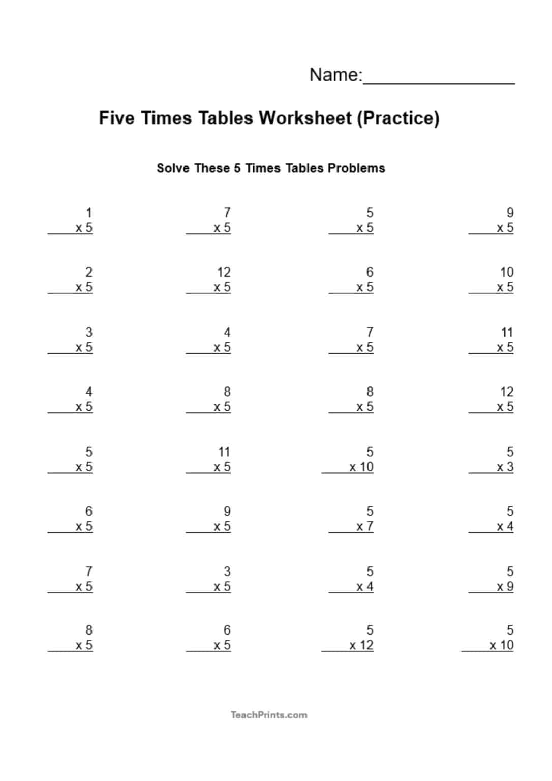 Free Five Times Tables Worksheets (8 Versions) - Teach Prints