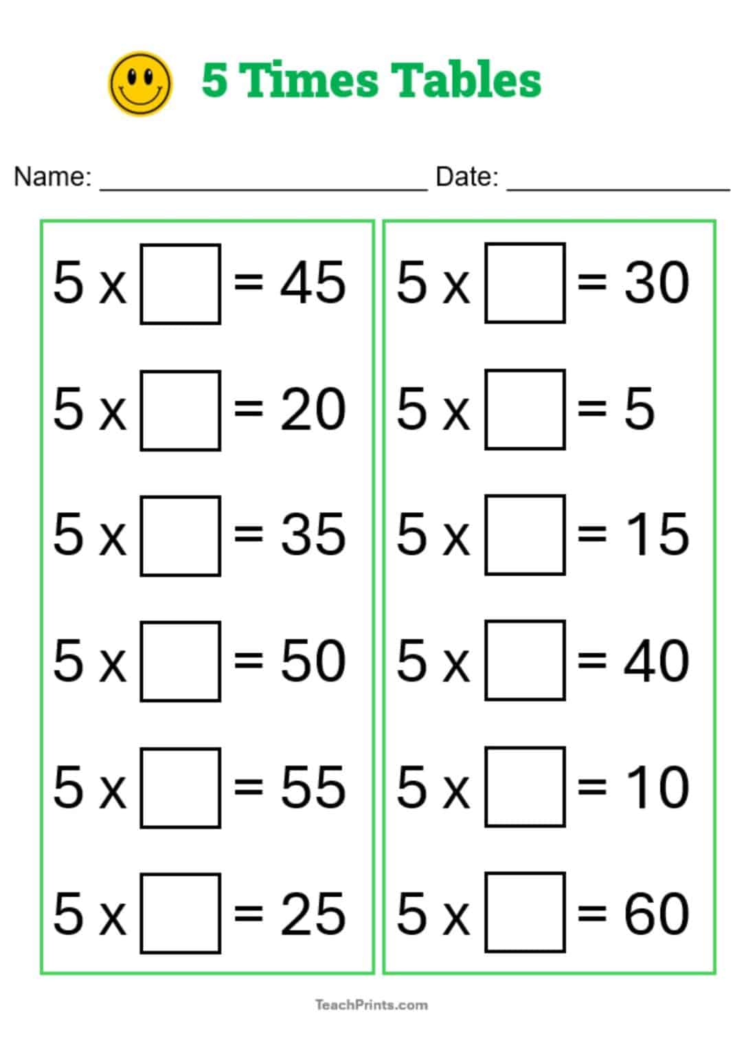 Free Five Times Tables Worksheets (8 Versions) - Teach Prints