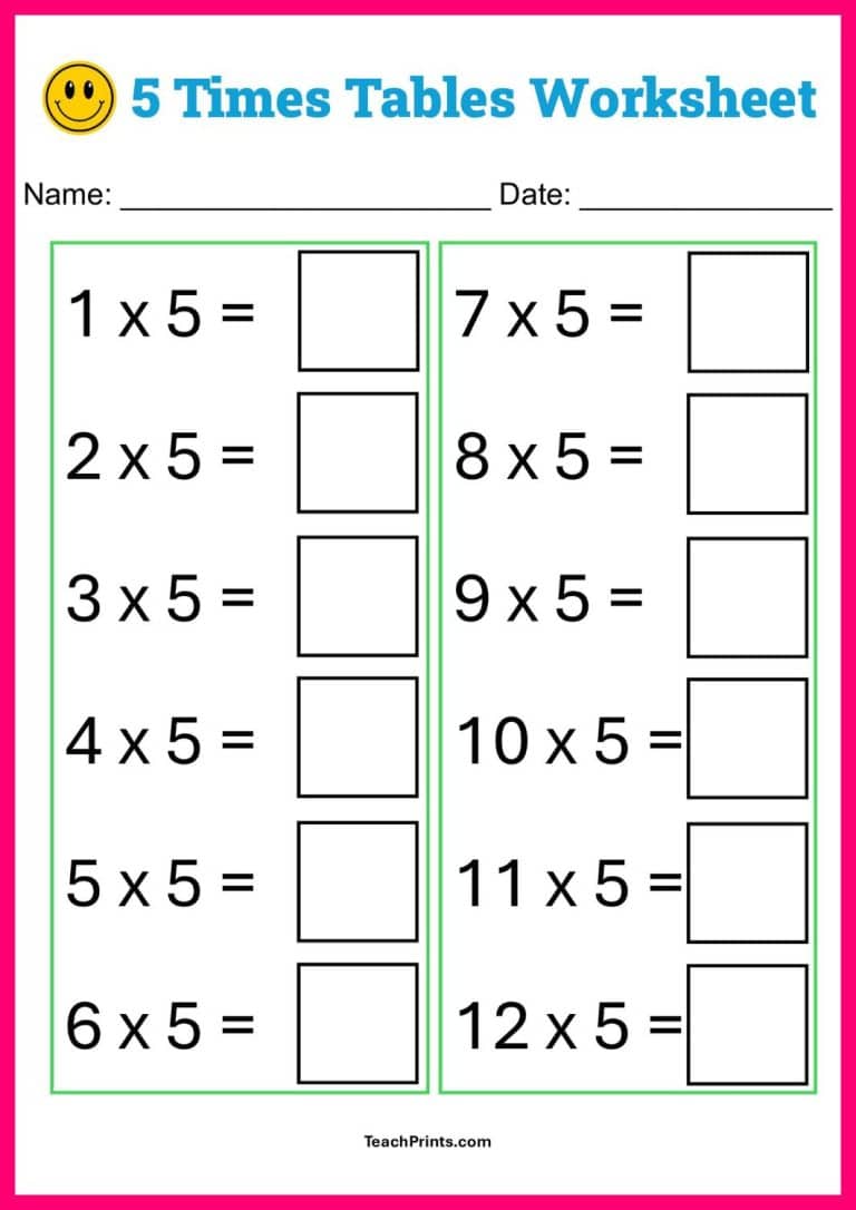 Free Five Times Tables Worksheets (8 Versions) - Teach Prints