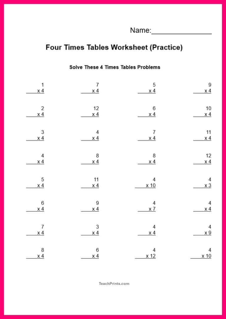 Free Four Times Tables Worksheets (8 Versions) - Teach Prints