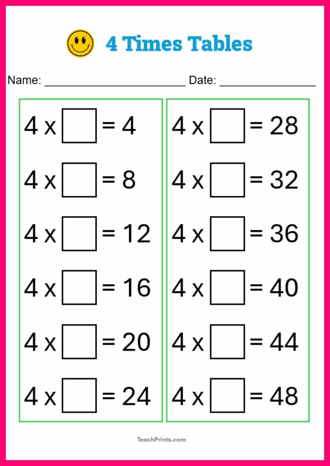 Free Four Times Tables Worksheets (8 Versions) - Teach Prints