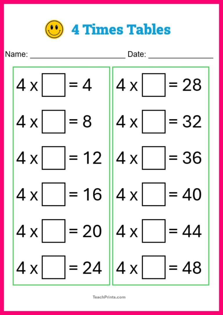 Free Four Times Tables Worksheets (8 Versions) - Teach Prints