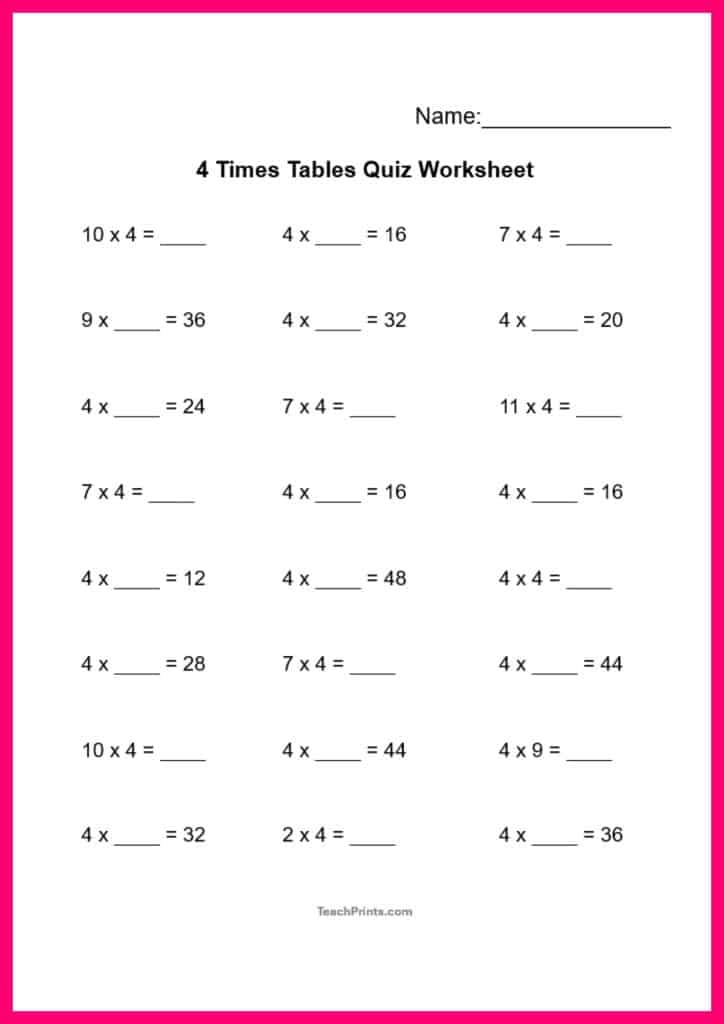 Free Four Times Tables Worksheets (8 Versions) - Teach Prints