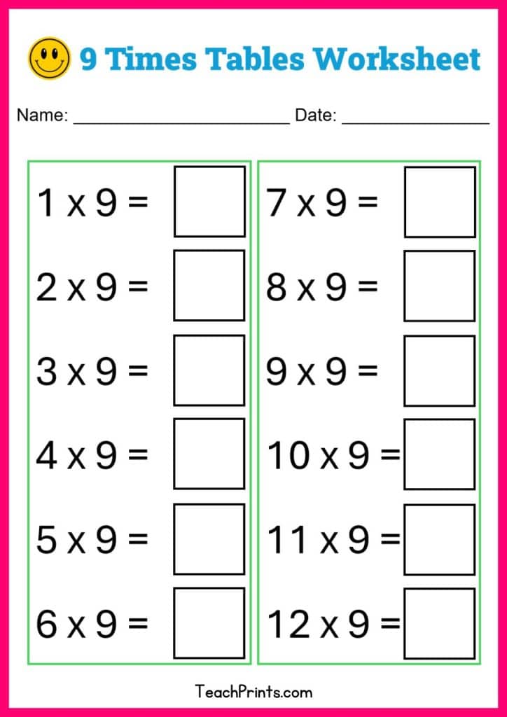 Free Nine Times Tables Worksheets (8 Versions) - Teach Prints