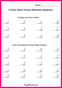 Free Nine Times Tables Worksheets (8 Versions) - Teach Prints