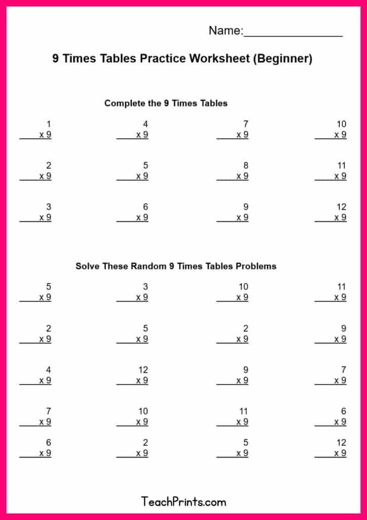 Free Nine Times Tables Worksheets (8 Versions) - Teach Prints