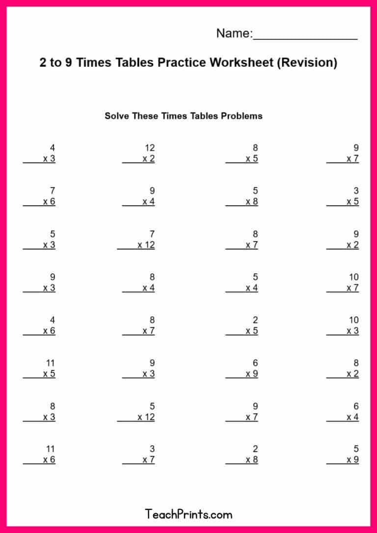 Free Nine Times Tables Worksheets (8 Versions) - Teach Prints