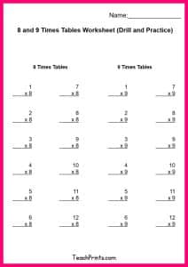 Free Nine Times Tables Worksheets (8 Versions) - Teach Prints