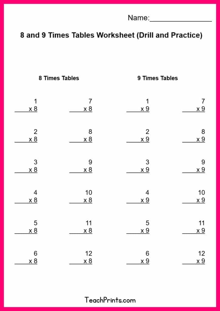 Free Nine Times Tables Worksheets (8 Versions) - Teach Prints
