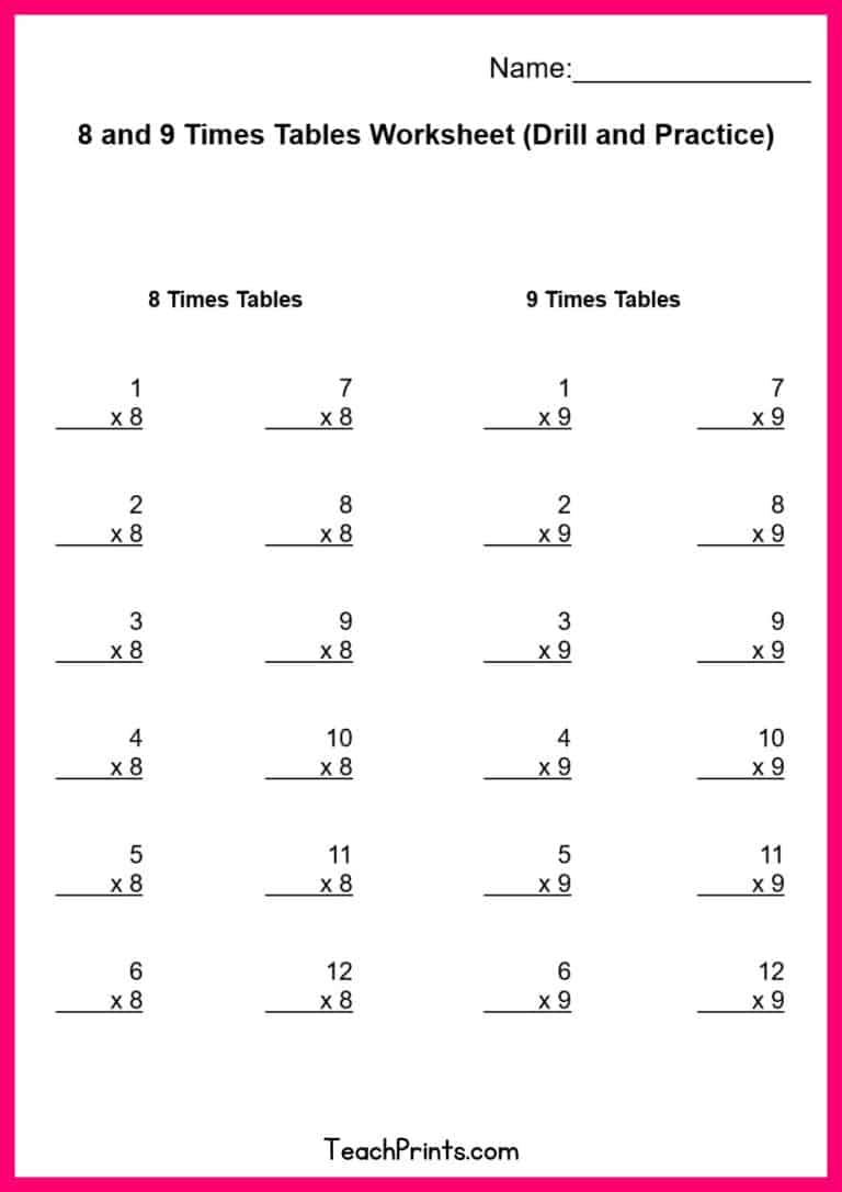 Free Nine Times Tables Worksheets (8 Versions) - Teach Prints