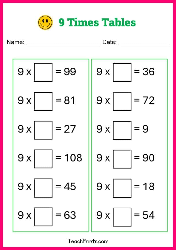 Free Nine Times Tables Worksheets (8 Versions) - Teach Prints
