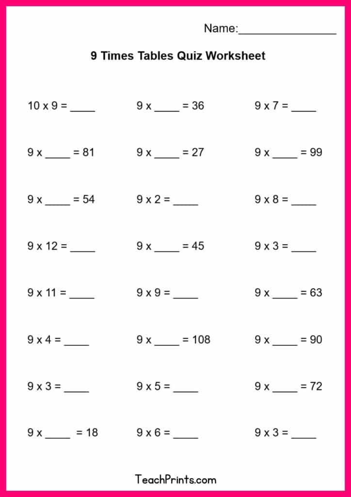 Free Nine Times Tables Worksheets (8 Versions) - Teach Prints