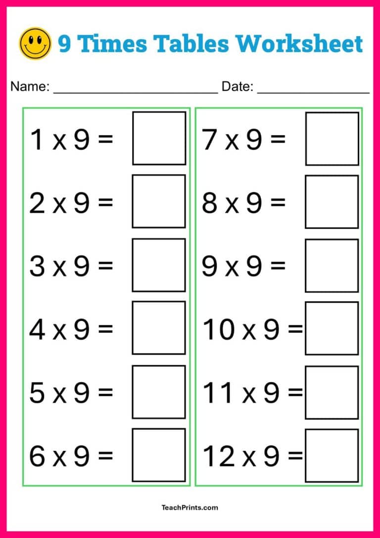 Free Nine Times Tables Worksheets (8 Versions) - Teach Prints