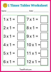 Free One Times Tables Worksheets - Teach Prints